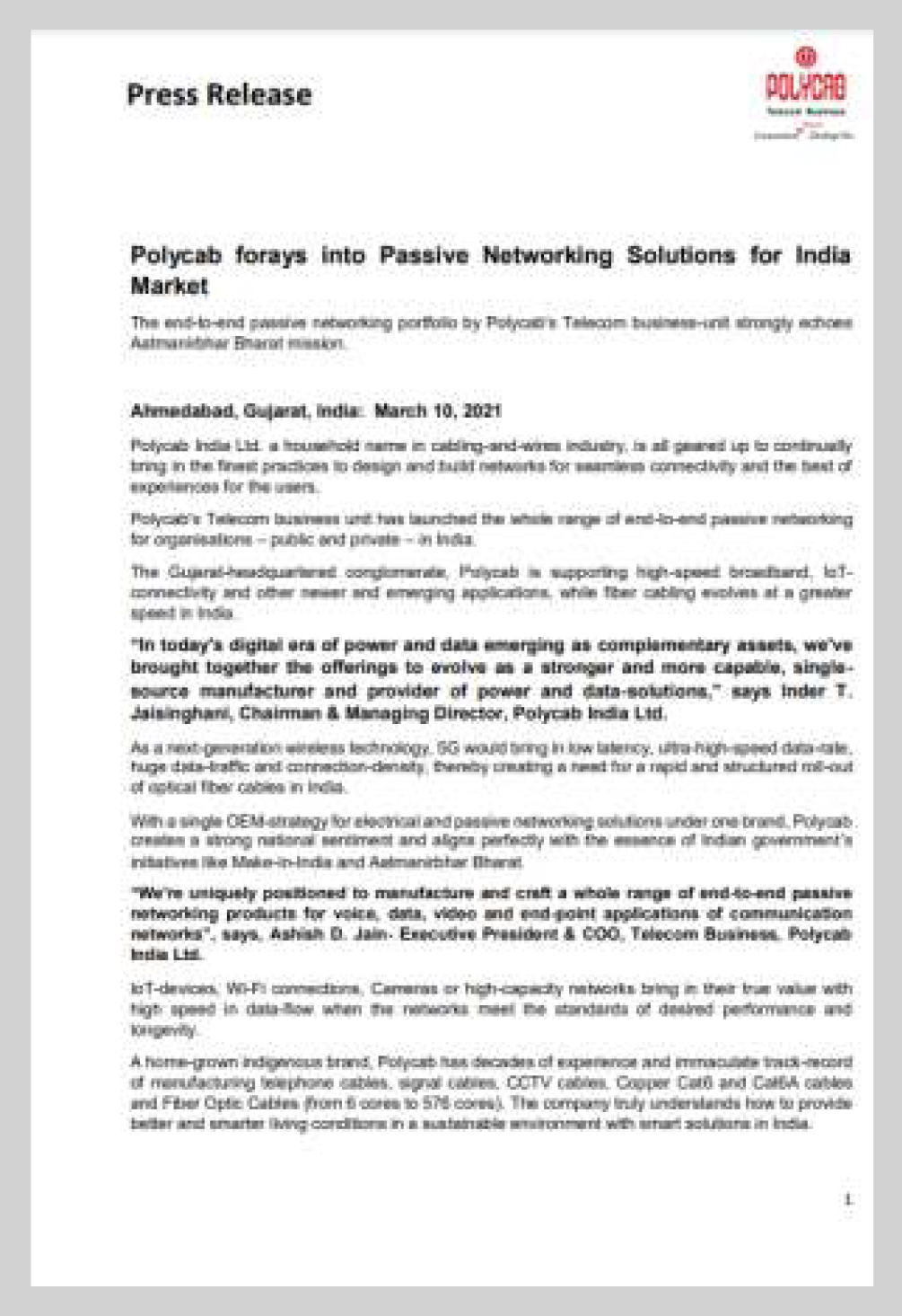 Press Release - Polycab Telecom - Polycab Telecom